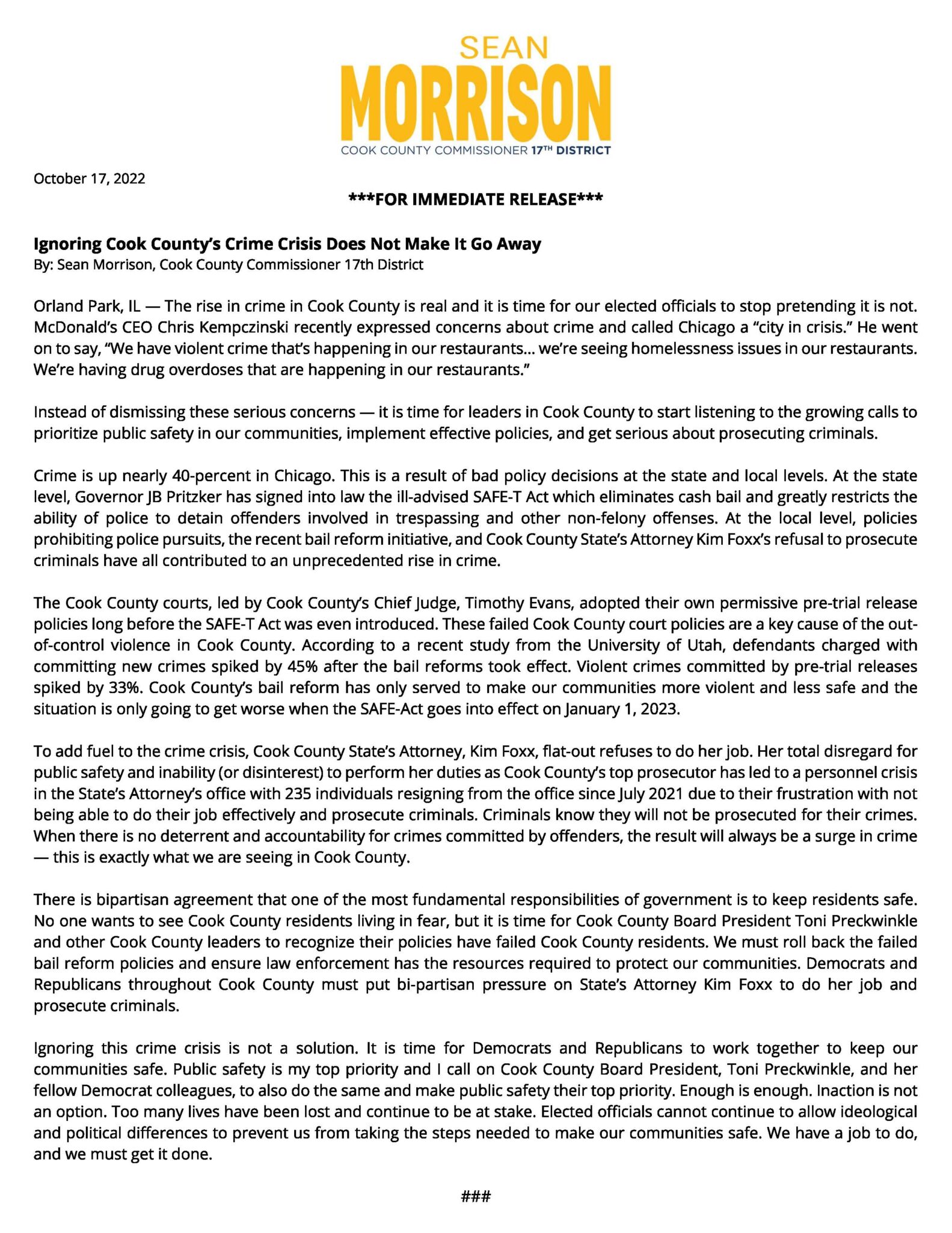 Sean Morrison issues Statement on Cook County’s Crime Crisis – Cook ...